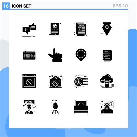 Editable Vector Line Pack Of 16 Simple Solid Glyphs Of Mounth Calendar News Pen Add Editable