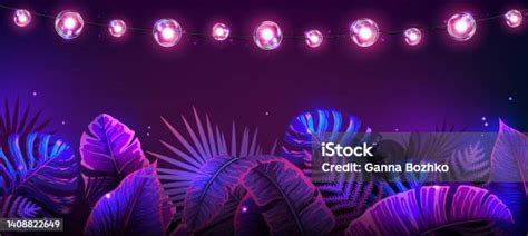 전기 현대 램프와 형광 열대 잎이있는 여름 배경 자연 개념 벡터 일러스트 레이 션 나이트클럽에 대한 스톡 벡터 아트 및 기타