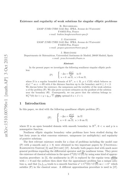 Pdf Existence And Regularity Of Weak Solutions For Singular Elliptic Equations
