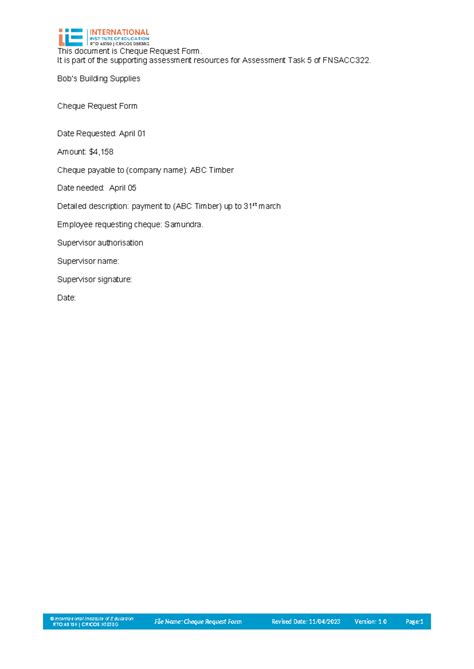 Cheque Request Form Task 5 This Document Is Cheque Request Form It