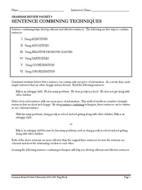 Grammar Review Packet 9 Sentence Combining Techniques Pdf