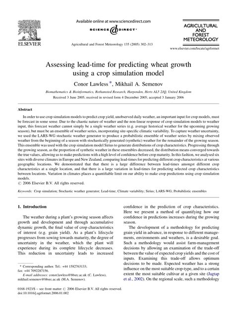 Pdf Assessing Lead Time For Predicting Wheat Growth Using A Crop