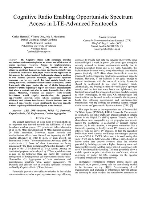 Pdf Cognitive Radio Enabling Opportunistic Spectrum Access In Lte