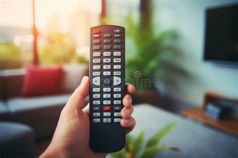 Hands Hold Television Remote Controller On The Blurred Tv Background