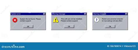 Old Alert Window Set In Classic Style Info Error And Caution Screen With Icons And Ok Button