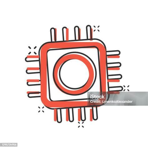 만화 스타일의 컴퓨터 Cpu 아이콘 흰색 고립 된 배경에 회로 보드 만화 벡터 그림 마더 보드 칩 스플래시 효과 비즈니스 개념