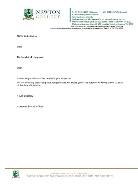 Complaint Acknowledgement Letter Template Pdf