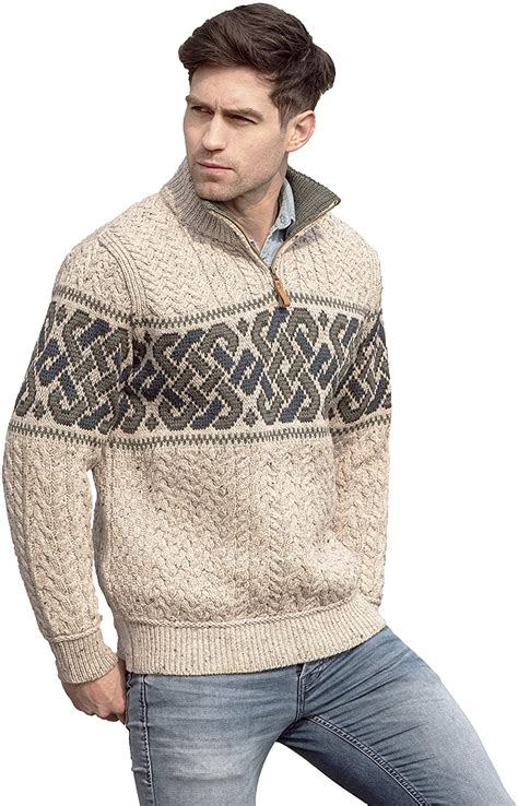Aran Crafts Mens Irish Cable Knit Half Zip Jacquard Sweater 100 Merino Wool Berkeley