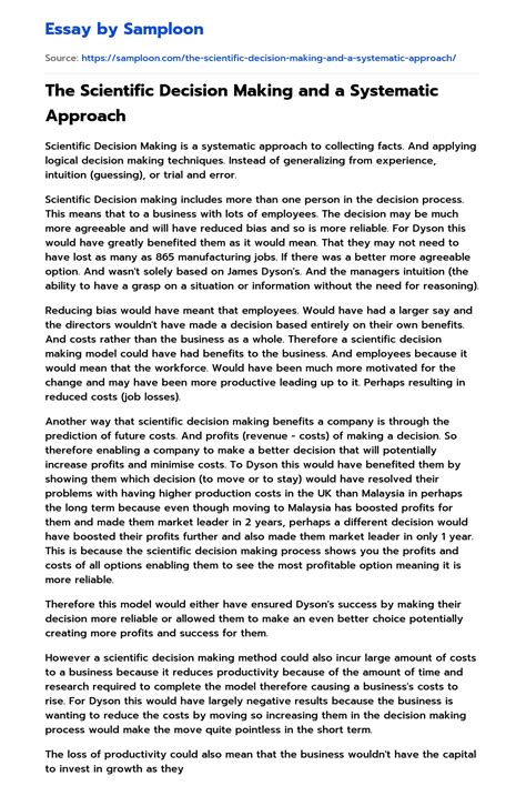 ≫ The Scientific Decision Making And A Systematic Approach Free Essay Sample On