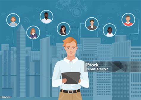 Thew 시 태블릿을 탐색 하 고 사람들이 벡터 일러스트와 함께 통신에 젊은 남자 소셜 미디어 및 소셜 네트워크 개념입니다 거리에 대한 스톡 벡터 아트 및 기타 이미지