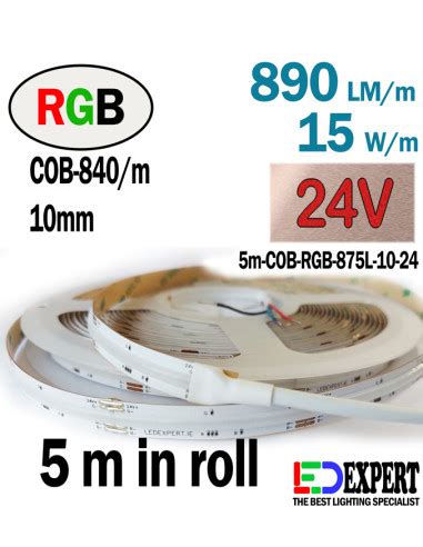High Bright COB RGB LED Strip 890 Lumen M 15W 10mm 24V