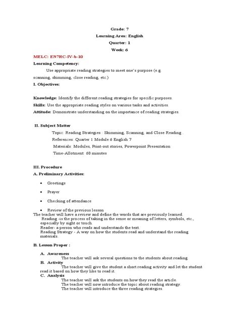 Lesson Plan In English For Grade 7 Pdf
