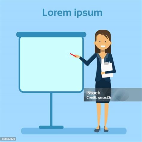 사업가 복사 공간 비즈니스 여자 프레 젠 테이 션 또는 회의 개념을 보여주는 빈 화이트 보드를 가리키는 경영자에 대한 스톡 벡터 아트 및 기타 이미지 Istock
