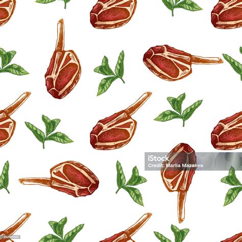 손으로 그린 벡터 완벽 한 패턴의 쇠고기 스테이크 와 Greens 뼈에 고기의 조각 낙서 빈티지 스케치 그림입니다 카페 및 라벨