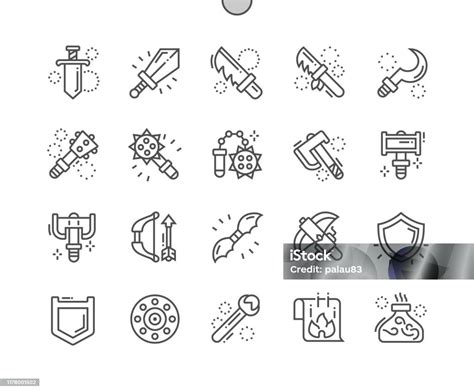 판타지 무기 잘 만들어진 픽셀 완벽한 벡터 얇은 라인 아이콘 30 웹 그래픽 및 응용 프로그램을위한 그리드 2x 간단한 최소한의 그림 검에 대한 스톡 벡터 아트 및 기타