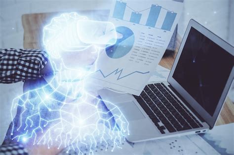 Premium Photo Ar Hologram With Man Working On Computer On Background Augmented Reality Concept