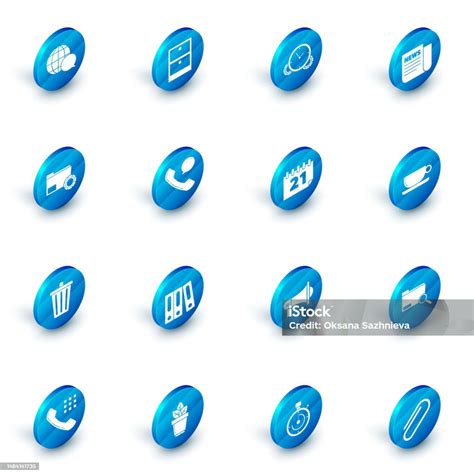 아카이브 용지 서랍 시간 관리 뉴스 기어가 있는 폴더 설정 휴지통 전화 송수화기 및 말풍선 채팅 커피 컵 플랫 및 캘린더 아이콘을 설정합니다 벡터 3차원 형태에 대한 스톡