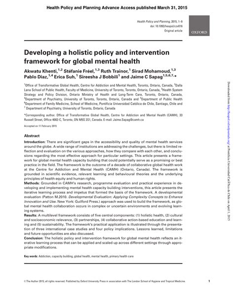 Pdf Developing A Holistic Policy And Intervention Framework For