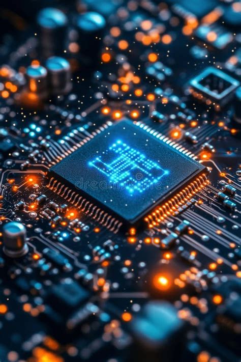 Close Up Of A Modern Microprocessor On A Circuit Board With Glowing