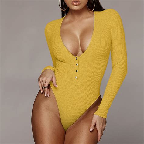 Skinny Slim Fit Sexy Solid Color Deep V Neck Long Sleeve Bodysuitwomen
