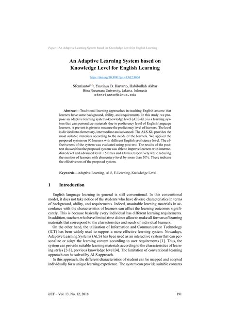 Pdf An Adaptive Learning System Based On Knowledge Level For English