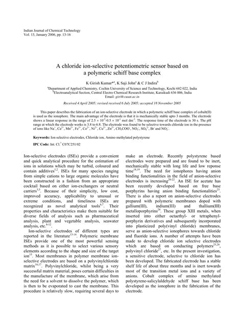 Pdf A Chloride Ion Selective Potentiometric Sensor Based On A