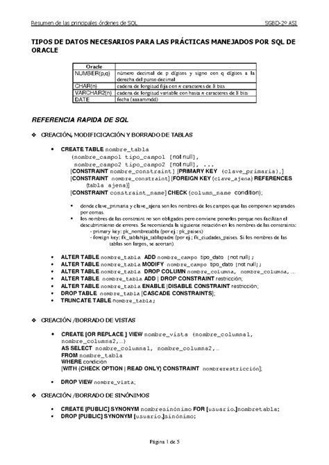 Chuletaexamen Comandos De Oracle Tipos De Datos Necesarios Para Las PrÁcticas Manejados Por