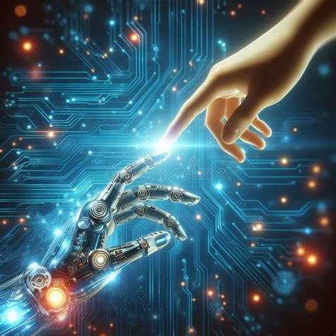 Human And Robotic Hand Interaction Over Urban Skyline Stock Image Image Of Technology