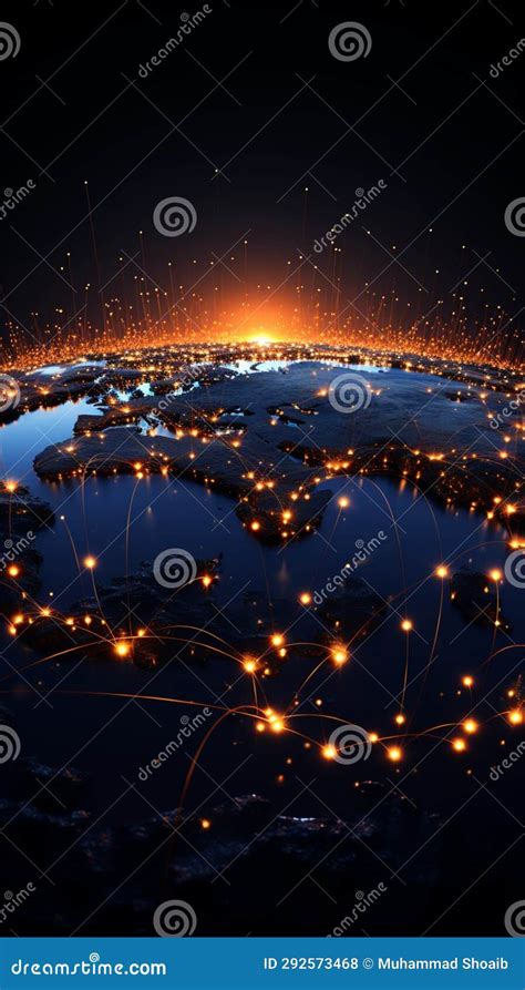 A Radiant Digital Earth With Interconnected Dots Lines And Rays Stock Illustration