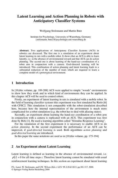 Pdf Latent Learning And Action Planning In Robots With Anticipatory Classifier Systems