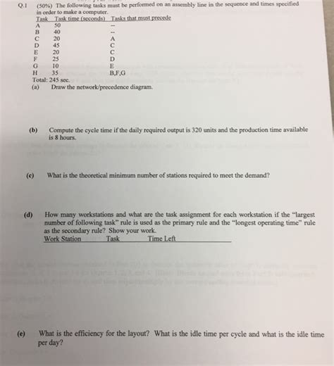 Solved The Following Tasks Be Performed On An Assembly Line