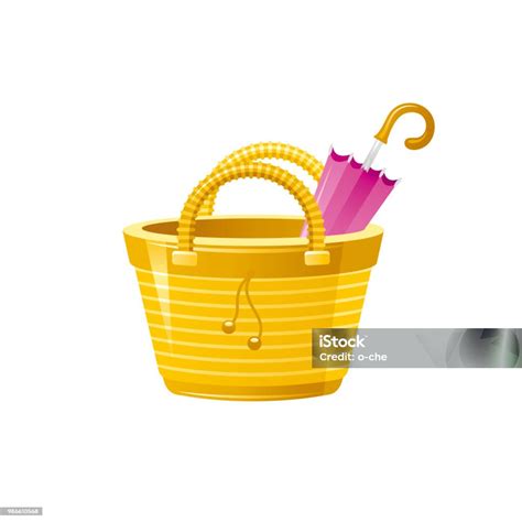 흰색 배경에 고립 벡터 일러스트 레이 션 Eps10 현실적인 휴가 여행 기호 패션 디자인 파라솔 우산 3d 우아한 밀 짚 비치 가방 만화 귀여운 바다 비치 아이콘 플랫 기호