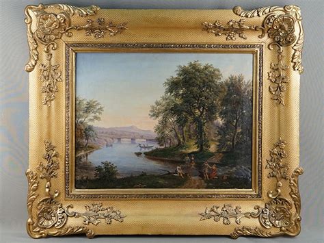 Картина в раме Неизвестный художник «Пейзаж с мостом и лодками холст масло 41 5 × 54см