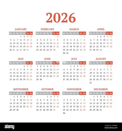 2026 Simple Vector Calendar Template Weeks Start On Monday Stock