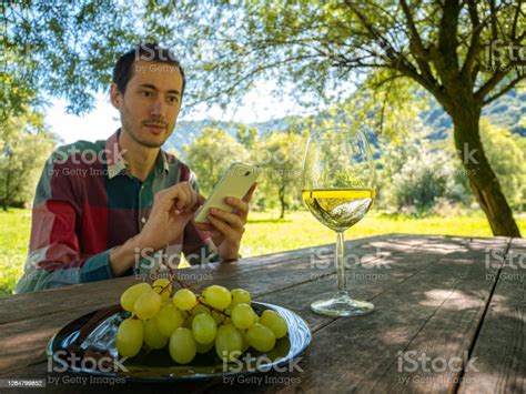 젊은 남자가 이탈리아에서 화이트 와인 한 잔과 테이블에 앉아 스마트 폰을 보고 와인 시음 경험 30 34세에 대한 스톡 사진 및 기타 이미지 Istock