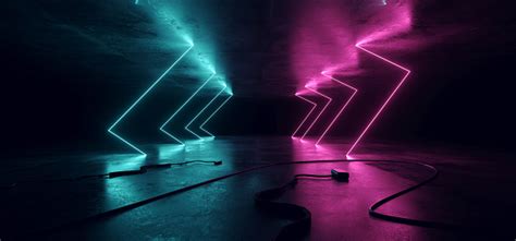 공상 과학 소설 네온 빛나는 빛 블루 보라색 모양의 라인 케이블 플러그 바닥 레이저 스튜디오 무대 쇼 밤 복고풍 미래 지향적 인 현대 배경 빈 콘크리트 그런지 가상 어두운