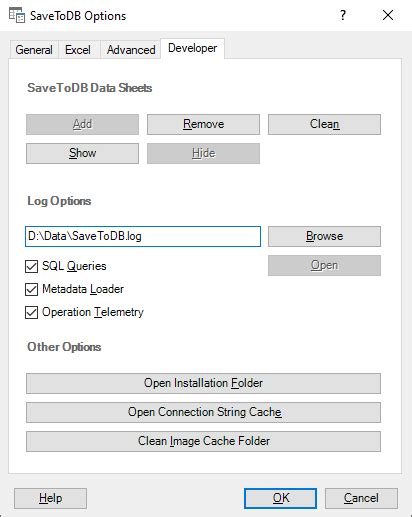 Savetodb Options Dialog Box