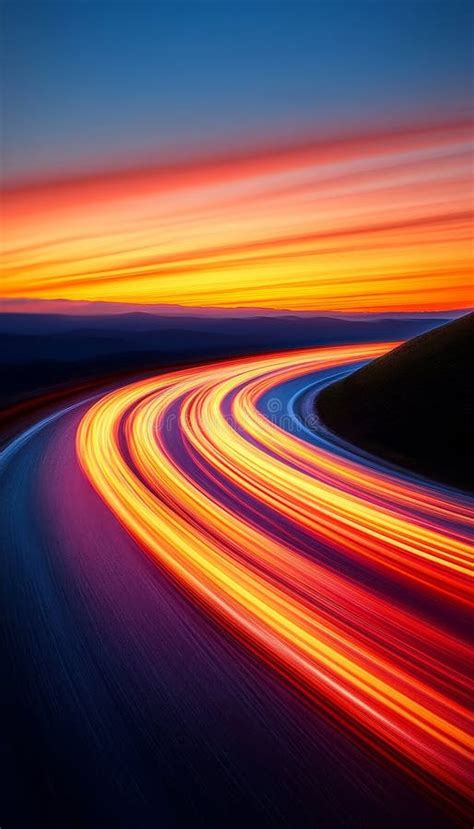 Speed Of Data Motion Blurred Lights On Winding Road At Sunset Representing Fast Digital Flow