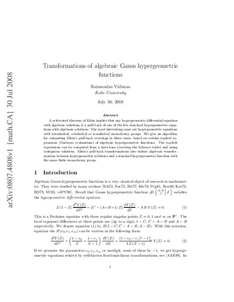 Pdf Transformations Of Algebraic Gauss Hypergeometric Functions