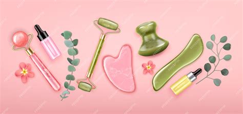 구아샤 마사지를 위한 코스메틱 도구는 롤러 스톤 세럼 병과 꽃 벡터 삽화를 사용하여 분홍색 배경에 현실적인 구성을 마사지합니다 무료 벡터