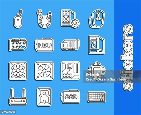 세트 라인 키보드 Cpu와 프로세서 컴퓨터 케이스 하드 디스크 드라이브 Hdd 비디오 그래픽 카드 컴퓨터 마우스 및 아이콘 벡터 Cpu에 대한 스톡 벡터 아트 및 기타