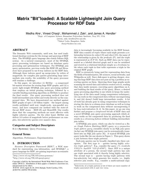 Pdf Matrix Bit Loaded A Scalable Lightweight Join Query Processor For Rdf Data
