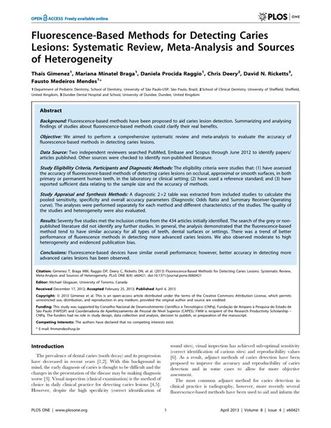 Pdf Fluorescence Based Methods For Detecting Caries Lesions Systematic Review Meta Analysis