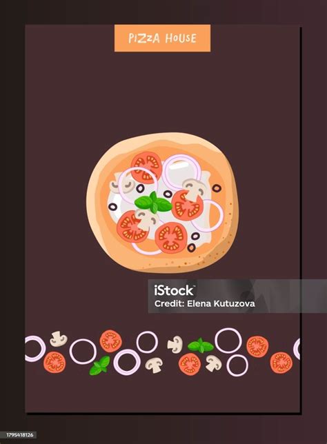 피자 손으로 그린 글자 및 초대장 브로셔 디자인에 대한 재료 스케치가 있는 피자 하우스 메뉴 템플릿입니다 특별한 피자 비스트로 메뉴 디자인 갈색 배경에 플랫 벡터 그림입니다