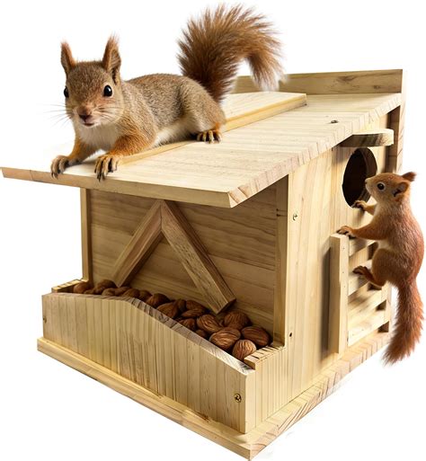 Natural Solid Wood Squirrel House With Feeding Shelf