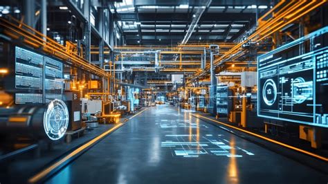 Futuristic Smart Factory Interior Automated Machinery And Glowing Digital Interfaces Stock