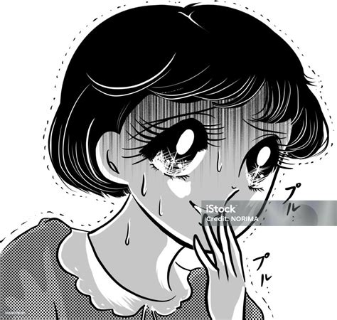 쇼와 복고풍 70 년대 흑백 펜 드로잉 Shoujo 만화 공포 삽화는 흰색 배경을 가진 겁에 질린 검은 머리 소녀들의 그림입니다 공포 영화에 대한 스톡 벡터 아트 및 기타