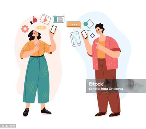 전화와 소셜 미디어 개념을 사용하여 사람 남자 여자 캐릭터 모던 스타일 심플한 플랫 벡터 일러스트레이션 전화에 대한 스톡 벡터