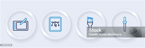 세트 라인 스포이드 색상 선택기 팔레트 페인트 브러시 디자인 프로그램이 있는 컴퓨터 및 그래픽 태블릿 아이콘 벡터 개념에 대한