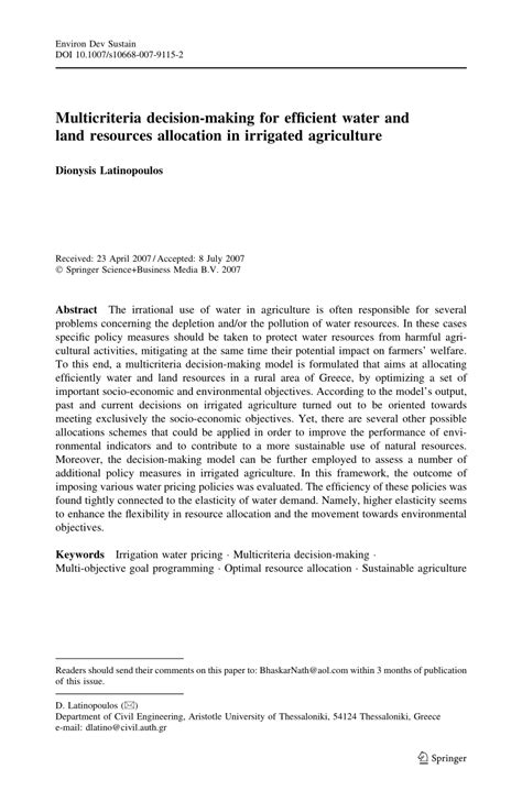 Pdf Multicriteria Decision Making For Efficient Water And Land